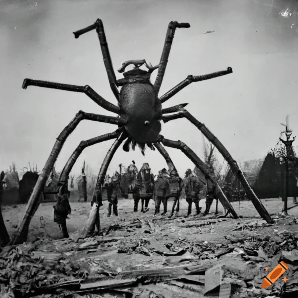 Giant mechanical spider on the battlefield during world war one, circa ...