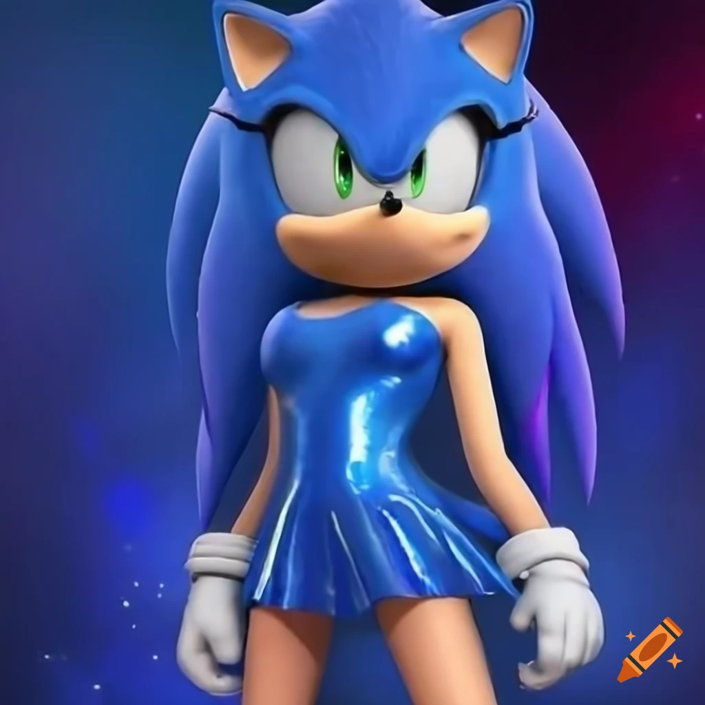 Sonic the hedgehog in a blue dress striking a pose on stage on Craiyon