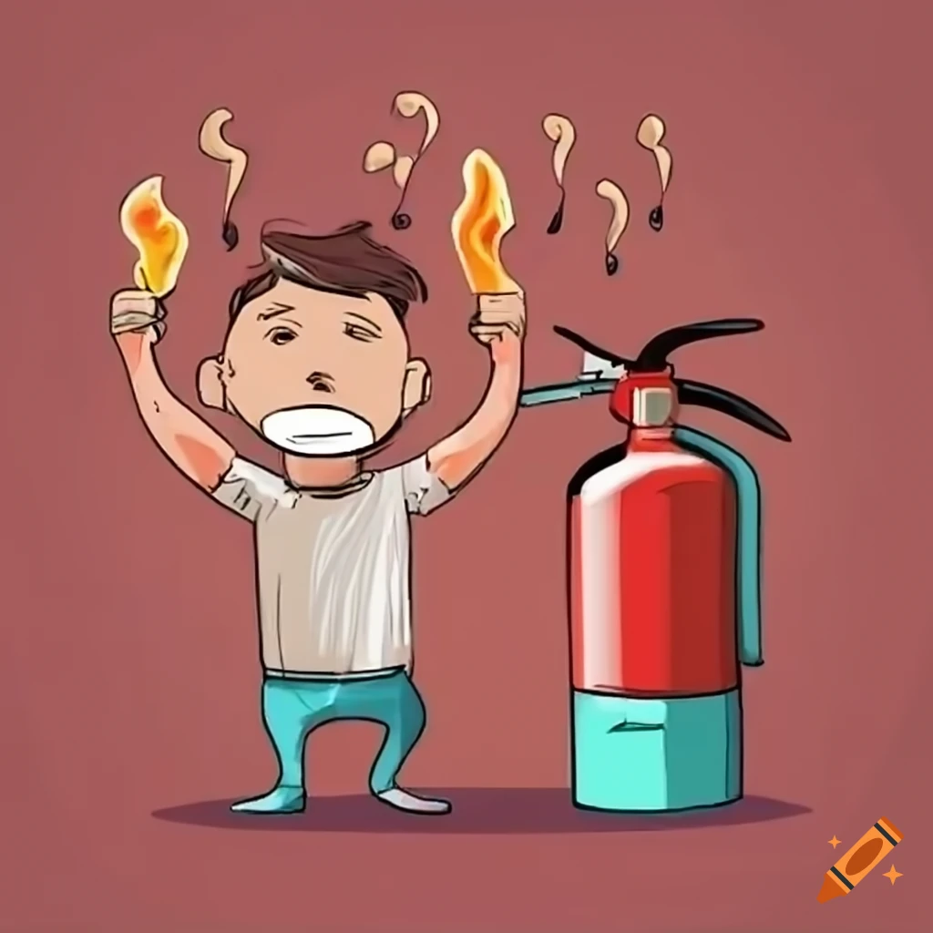 Confused man next to a fire extinguisher on Craiyon