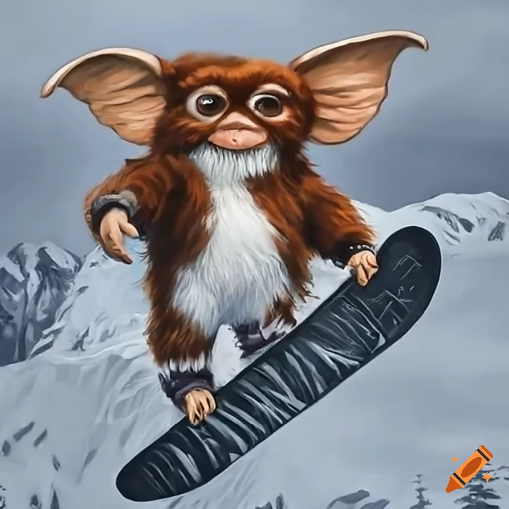 Gremlin gizmo snowboarding on a snowy mountain on Craiyon