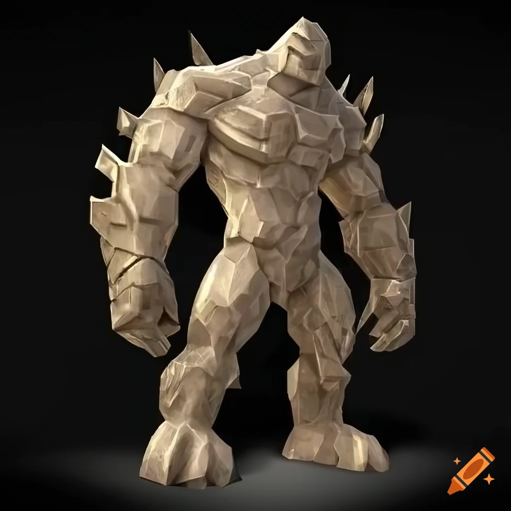 Stone golem made of bronze crystal with three eyes in a fantasy setting ...