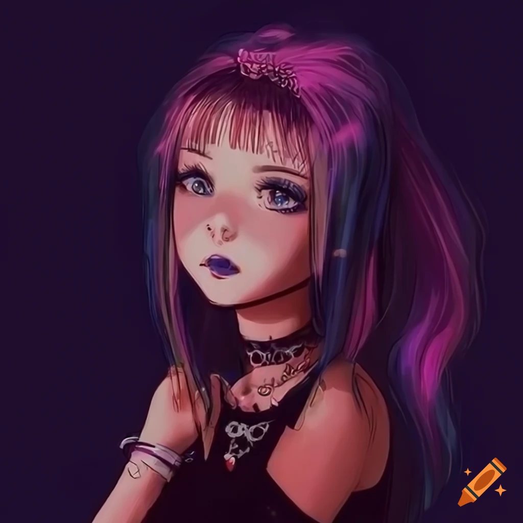 Goth girl with multi-color hair in retro 80s anime style on Craiyon