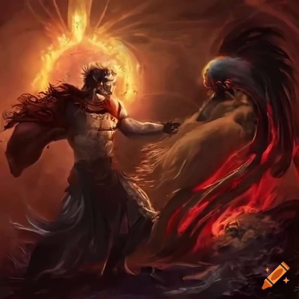 Epic greek mythology scene of a hero battling a powerful enemy on Craiyon