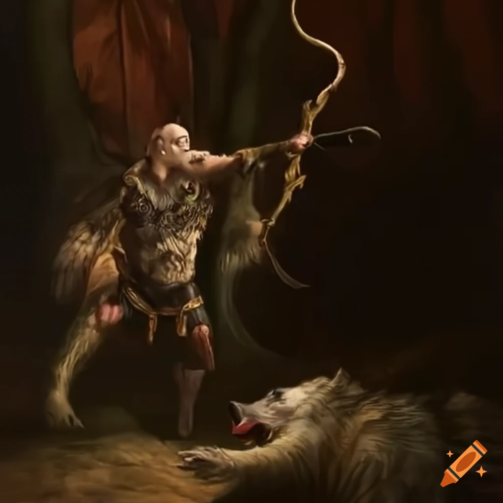 Heroic archer aiming at a wolf on Craiyon