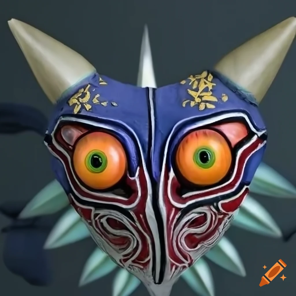 Close-up of the iconic majora's mask in dark grey tones on Craiyon