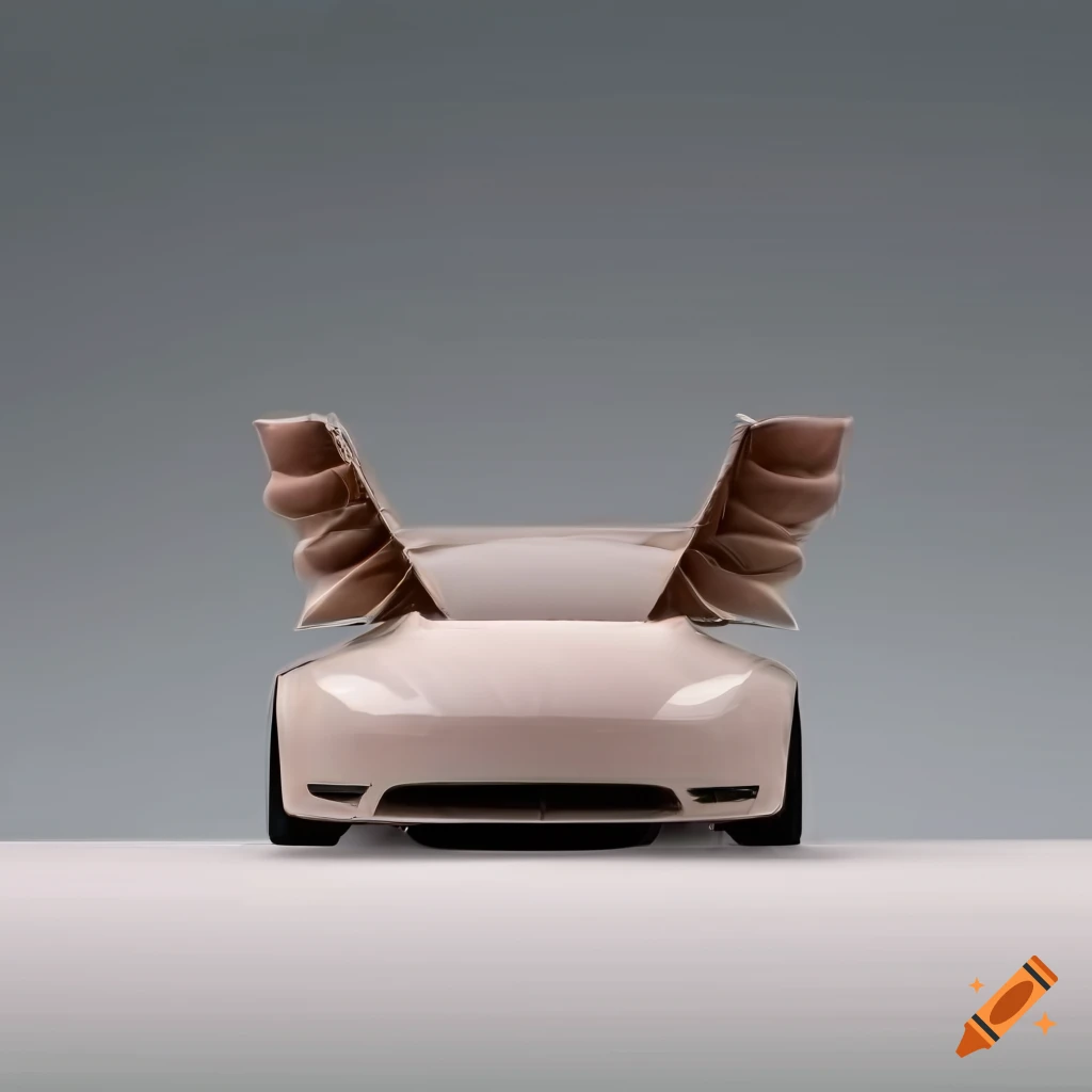 White Tesla car with cardboard airplane wings attached, on a white ...