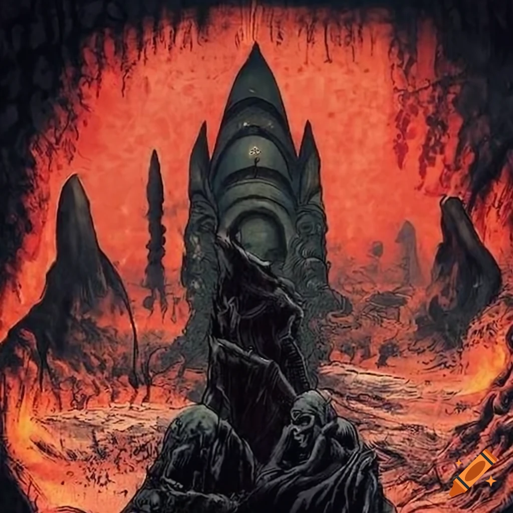 Dark heavy contrast manga illustration with hellscape landscape on Craiyon