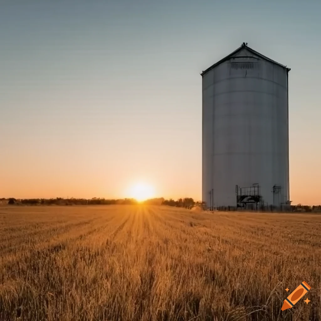 Beautiful grain silo in an open field at sunrise on Craiyon