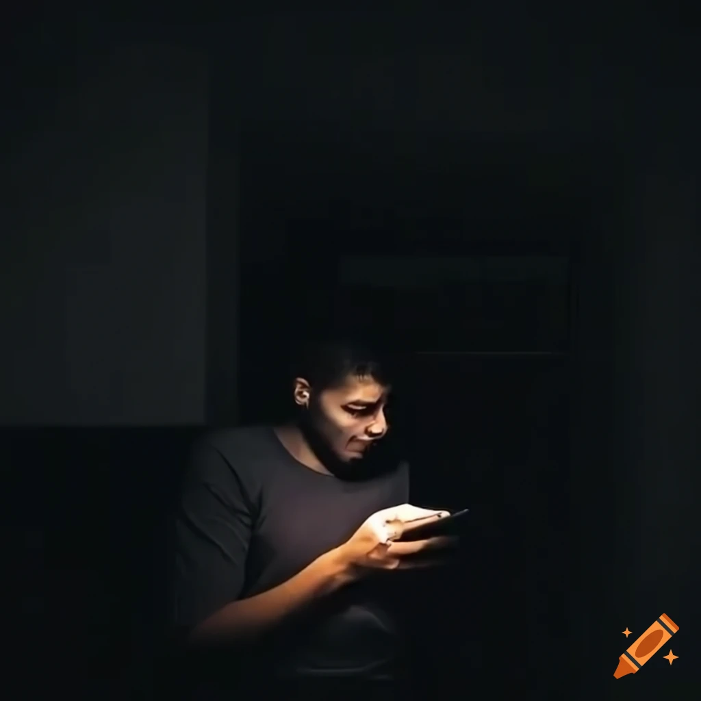 Young man using phone in a dark apartment on Craiyon