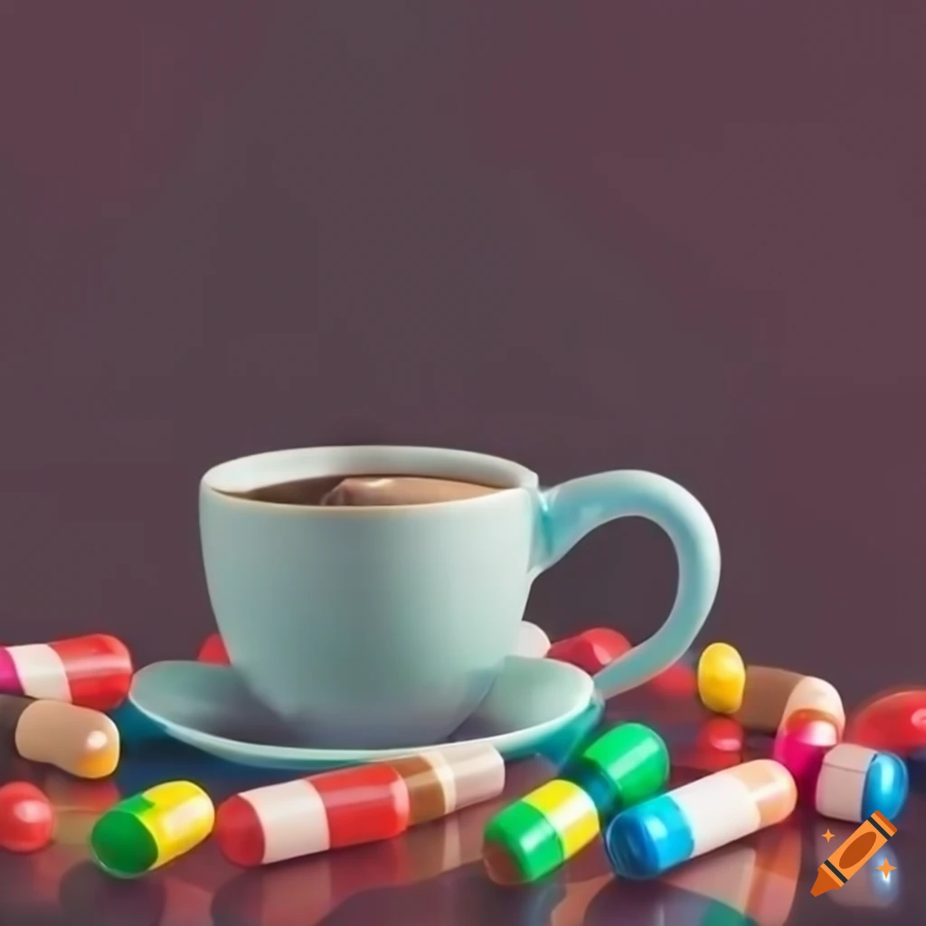 Coffee beans and cup next to colorful medicine capsules on Craiyon