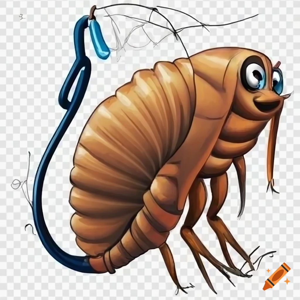 Cartoon sand flea riding on a fishing hook on Craiyon