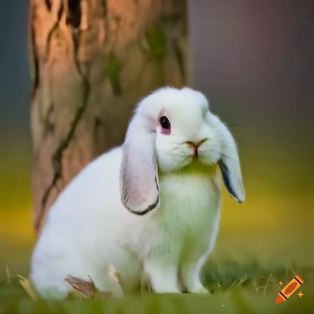 White holland lop bunny next to a tree in a field at sunset on Craiyon