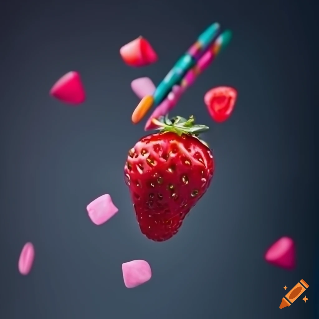 Flying candy and strawberry on dark background on Craiyon
