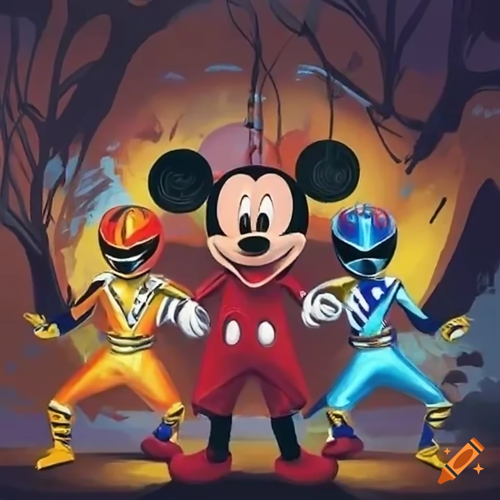 Mickey mouse and power rangers in colorful costumes having a fun ...