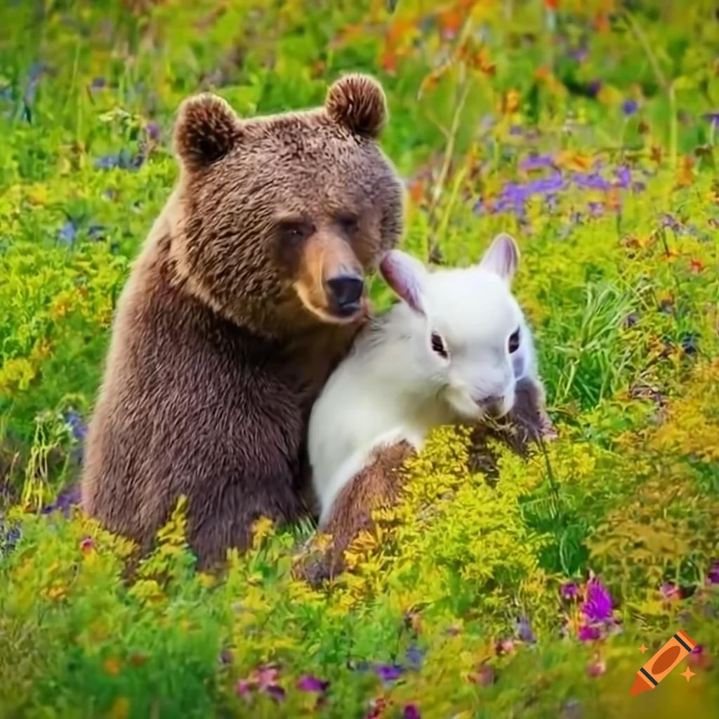 Bear hugging a white rabbit surrounded by vibrant wildflowers in a ...