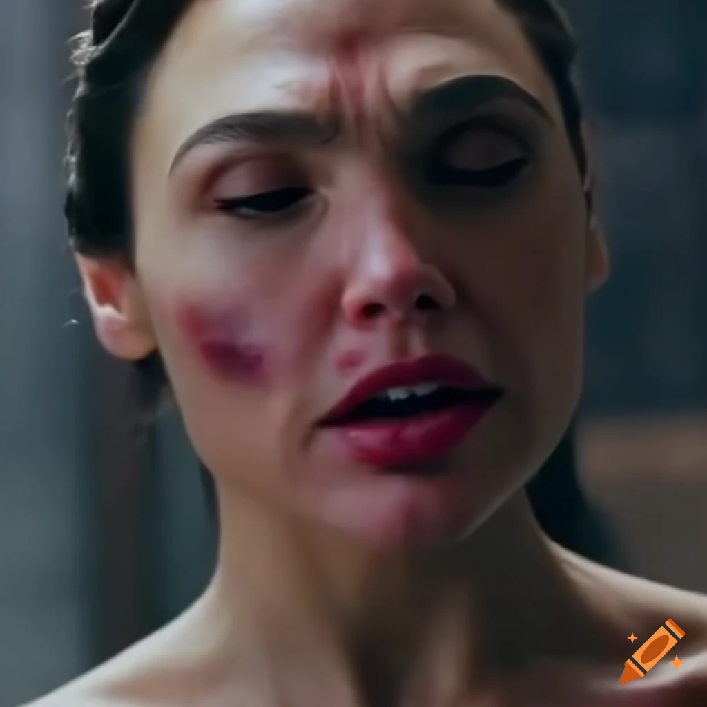 Bruised martial fighter resembling gal gadot showing dizzy and stunned expressions on Craiyon