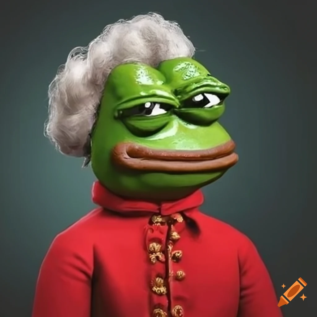 Pepe frog in red 18th-century attire with mozart wig on Craiyon