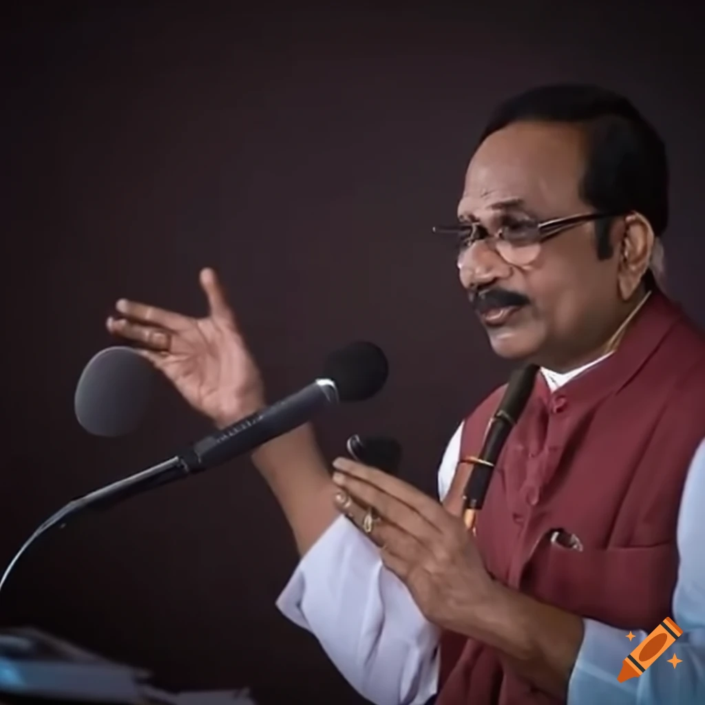 Indian politician speaking at a conference surrounded by reporters and ...