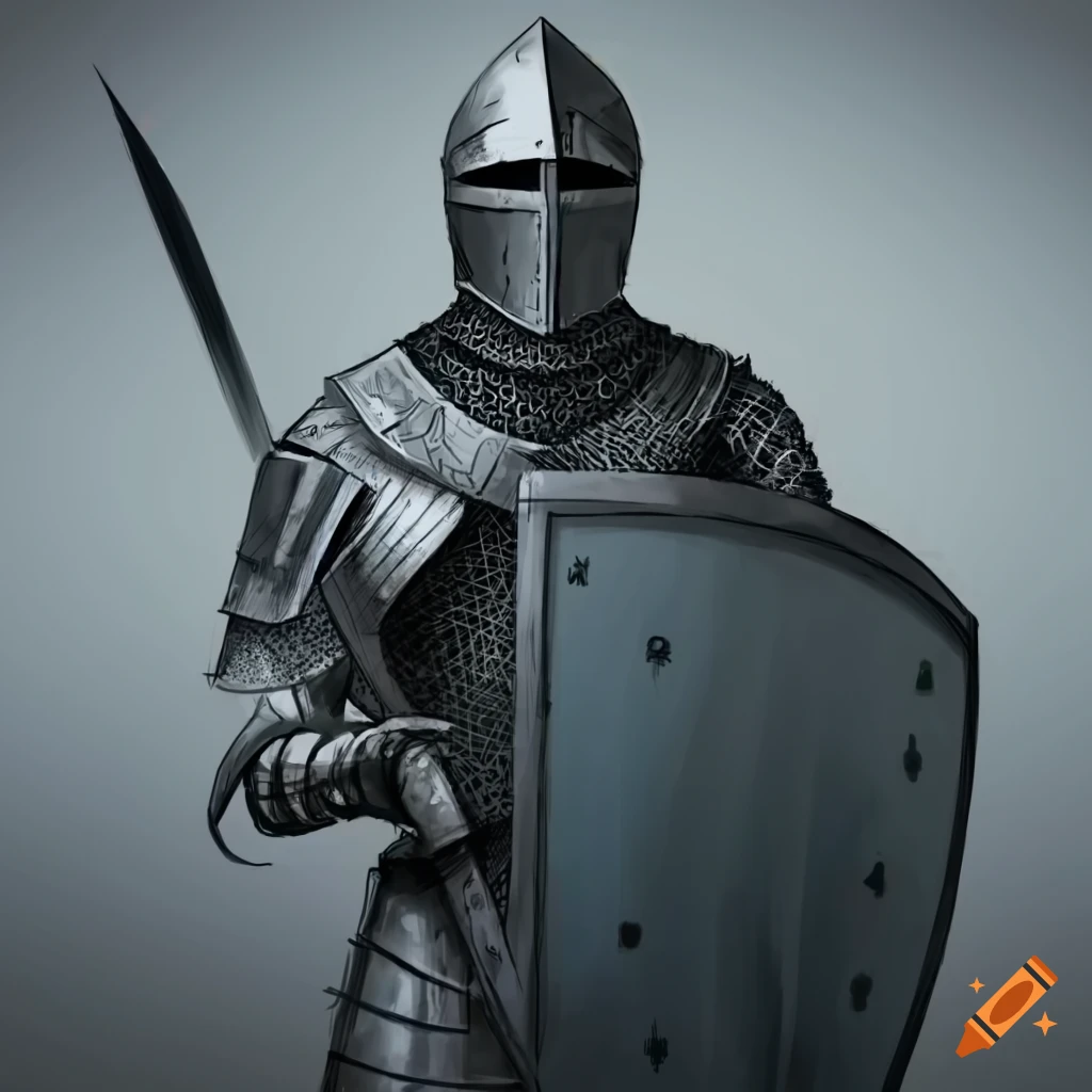 Knight in gray with giant shield and sallet in a realistic sketch on ...
