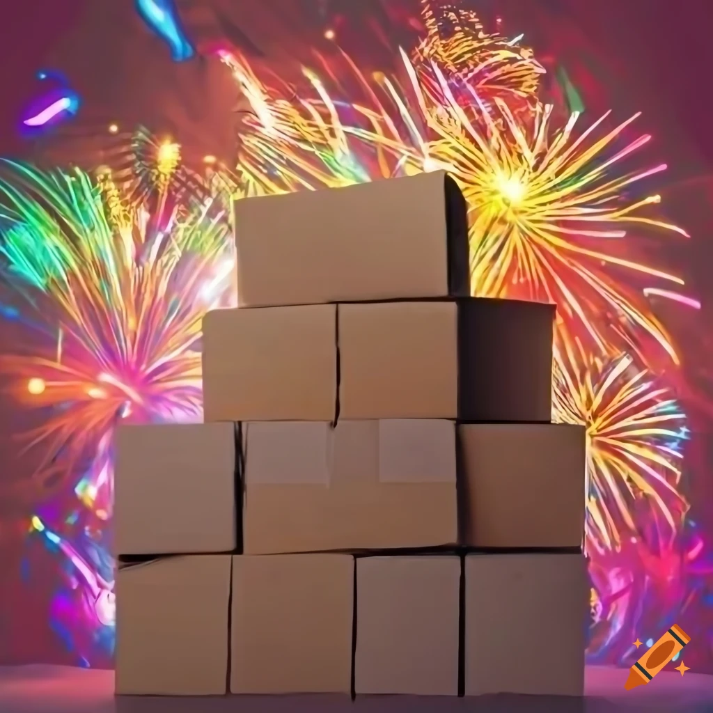 Stack of carton boxes with dazzling fireworks and graffiti wall in the ...