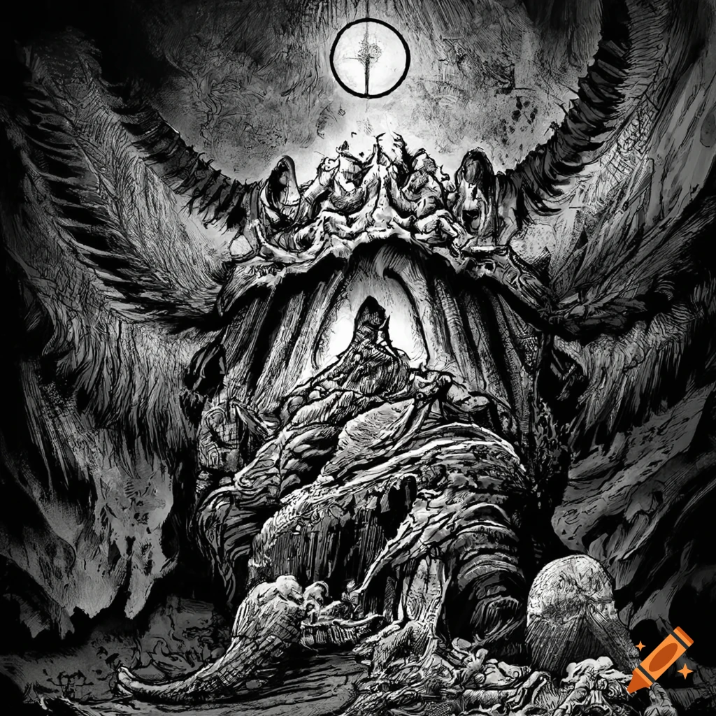 Dark heavy contrast manga illustration with hellscape landscape on Craiyon