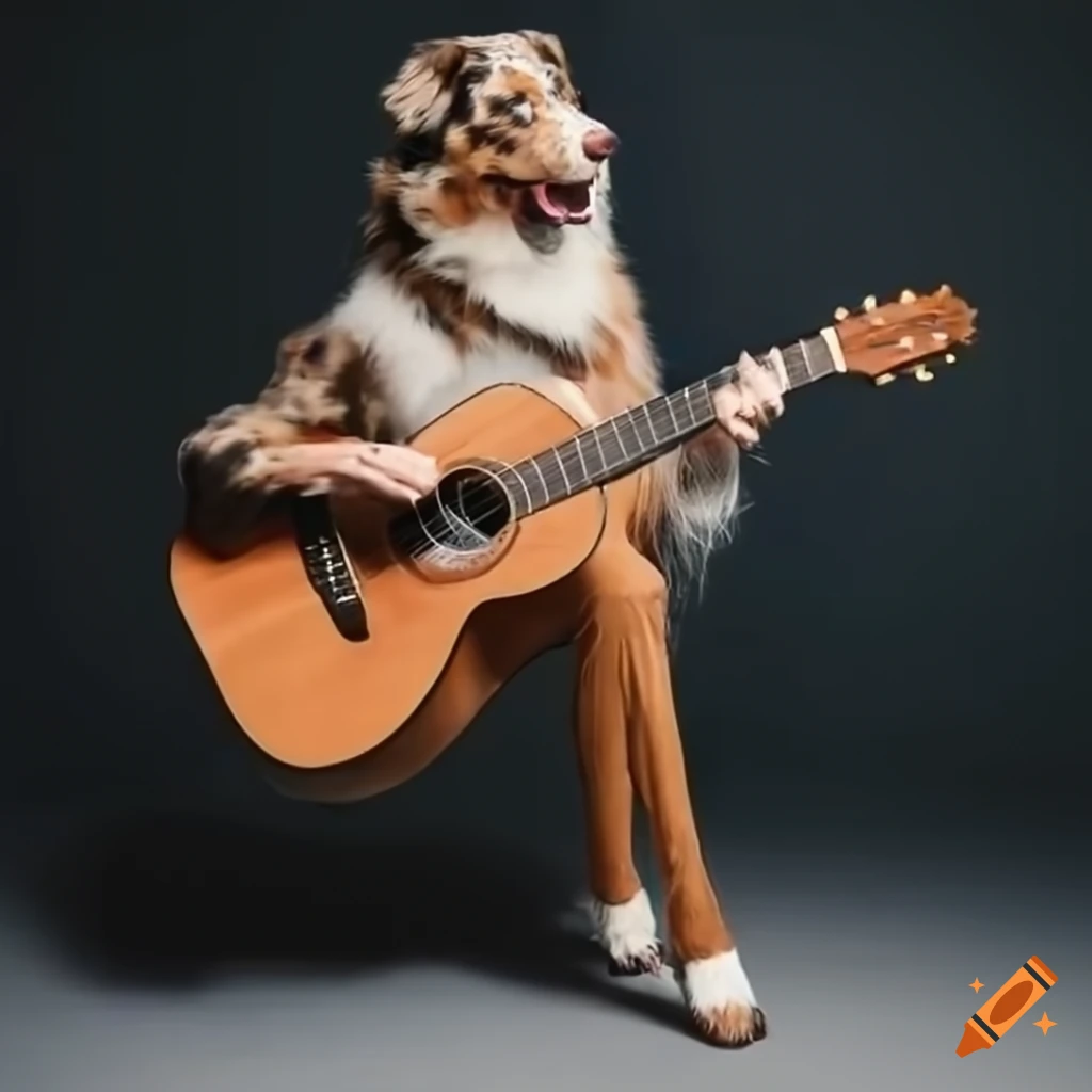 Red merle australian shepherd playing a guitar on Craiyon