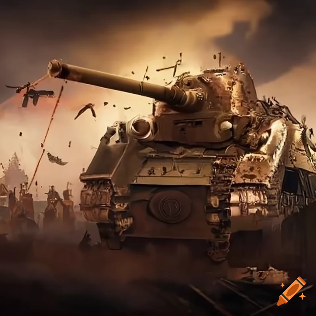 Steampunk tank on a battlefield of wrecks on Craiyon