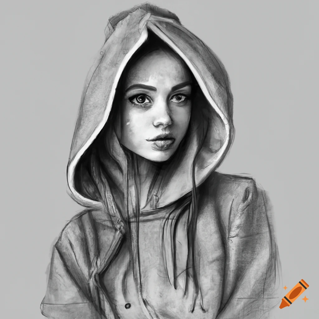 Pencil drawing of a college woman in a hooded sweatshirt on Craiyon