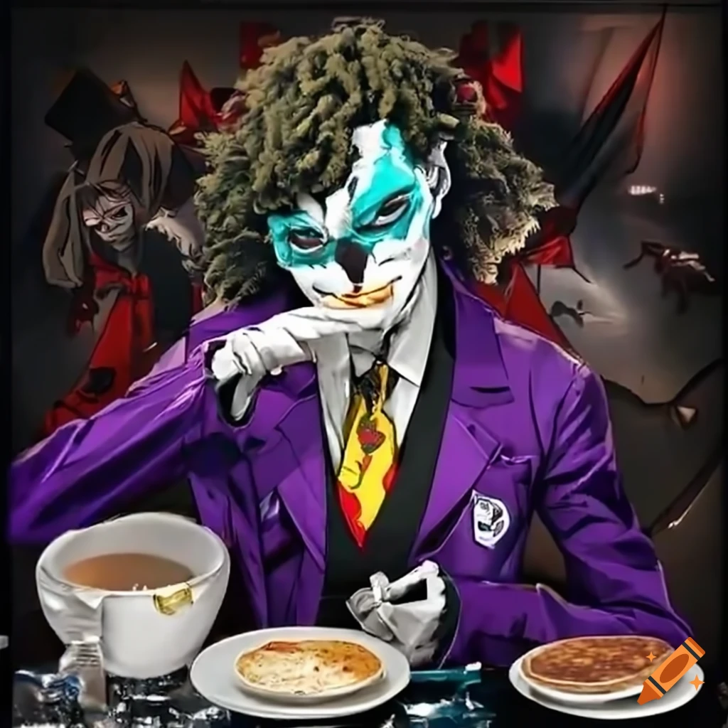 Joker from persona 5 eating pancakes with the weeknd on Craiyon