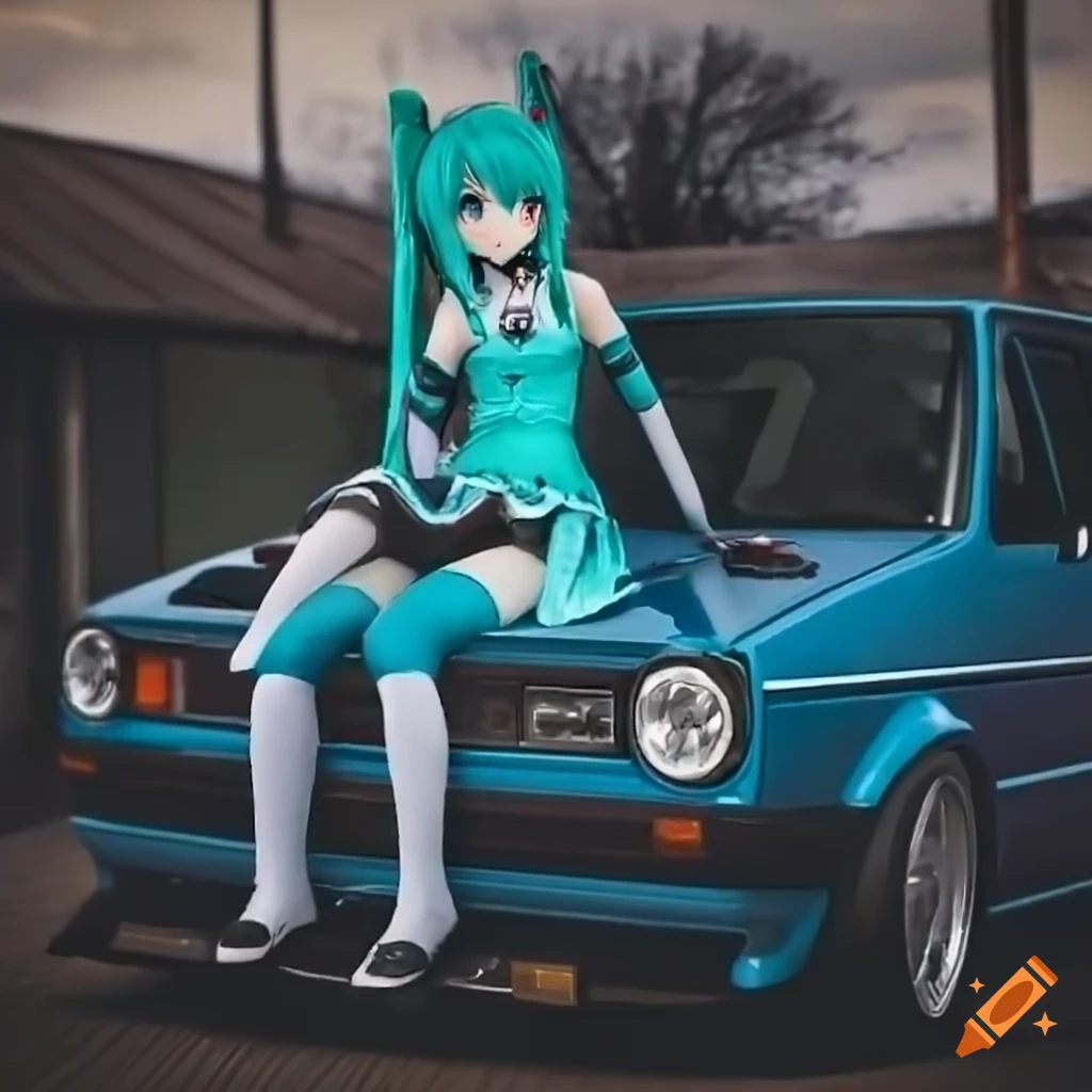 Hatsune Miku sitting on a Volkswagen Golf MK1 in anime style on Craiyon