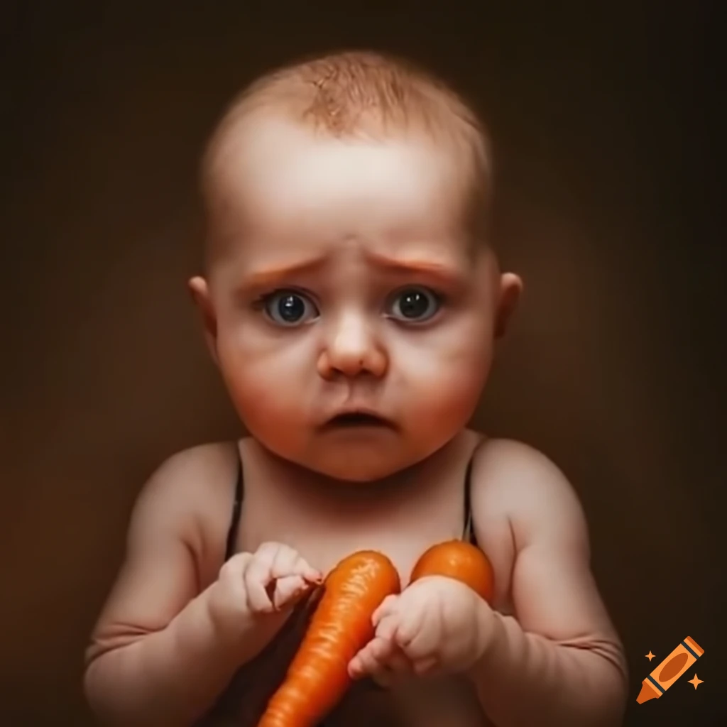 Sad baby eating a carrot on Craiyon