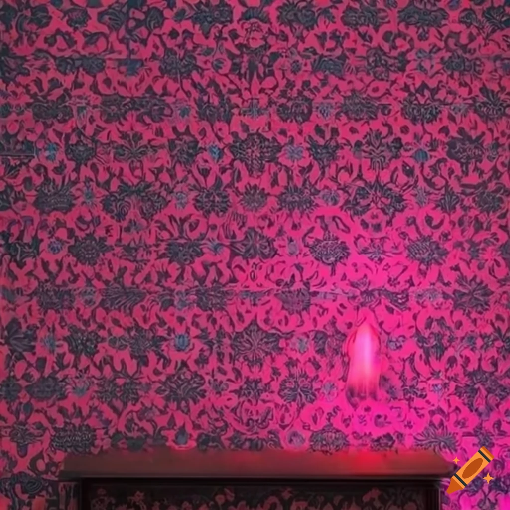 Neon victorian patterned wallpaper with an empty wooden shelf on Craiyon