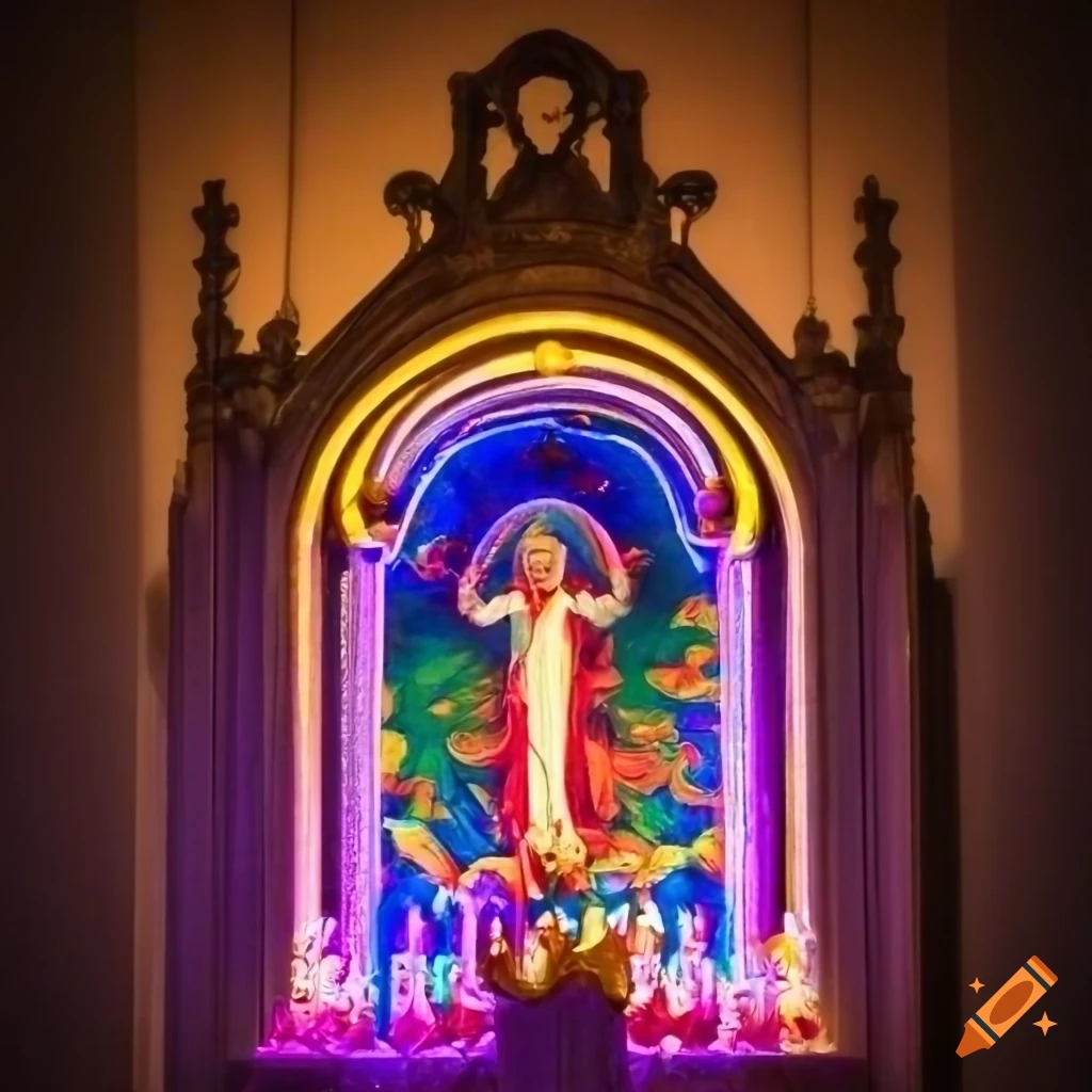 Neon altar in a religious setting on Craiyon