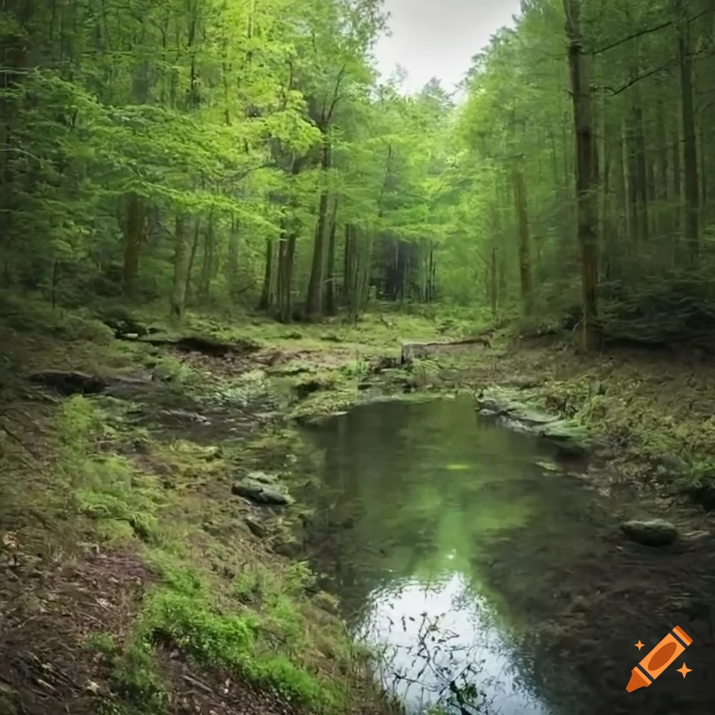 Landscape of forest, field, and stream on Craiyon
