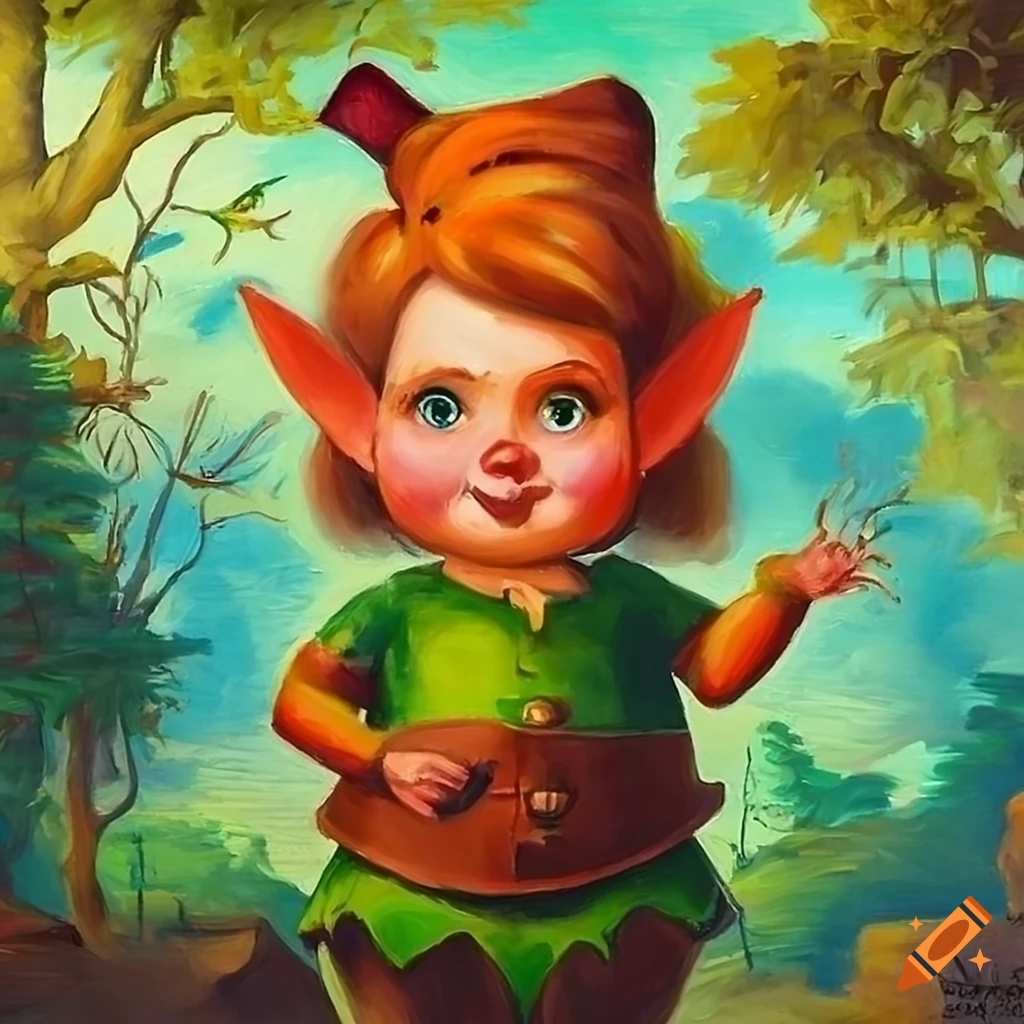 Cheerful fat elf in a colorful and detailed forest on Craiyon