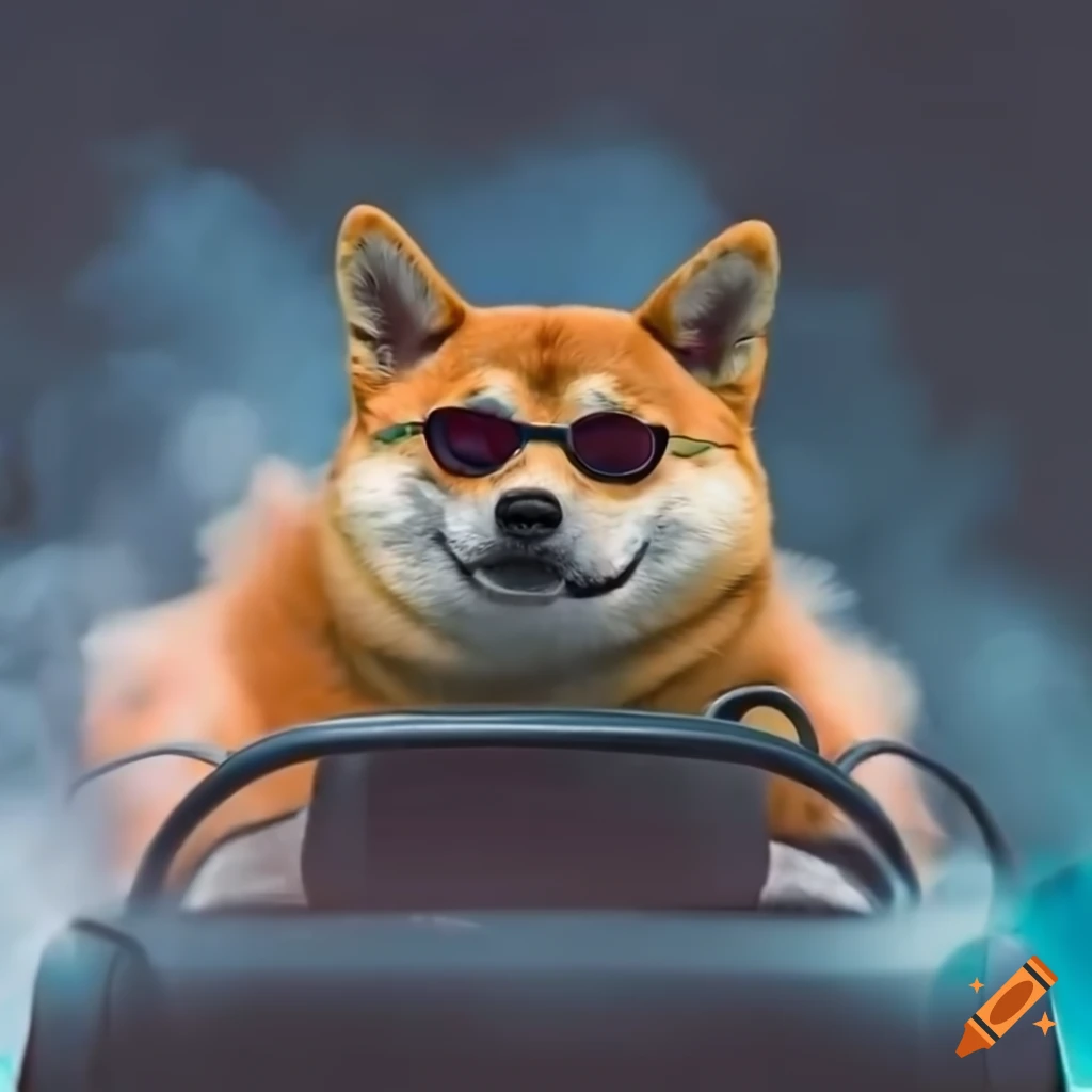 Shiba inu wearing sunglasses driving a race car with smoke on Craiyon