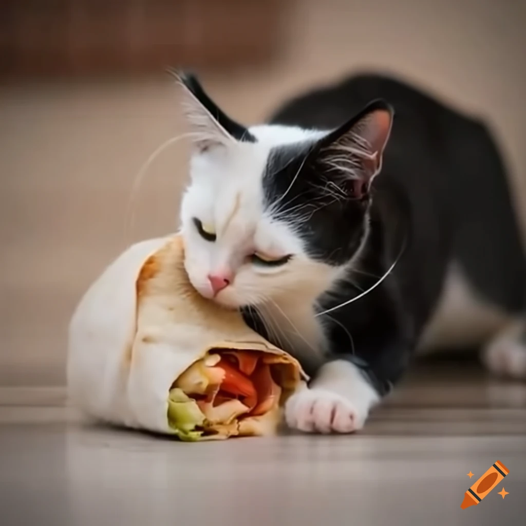 Black and white cat enjoying a burrito on Craiyon