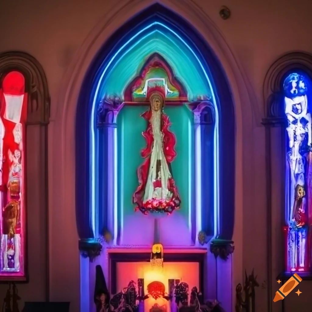 Neon altar in a religious setting on Craiyon