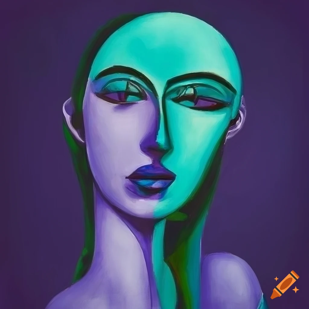 Surrealist cubist face with green, blue, purple, and turquoise colors ...