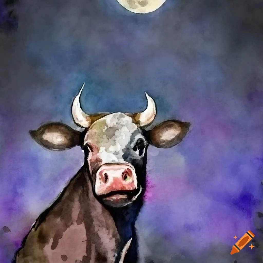 Full moon behind a cow's face in a watercolor illustration on Craiyon