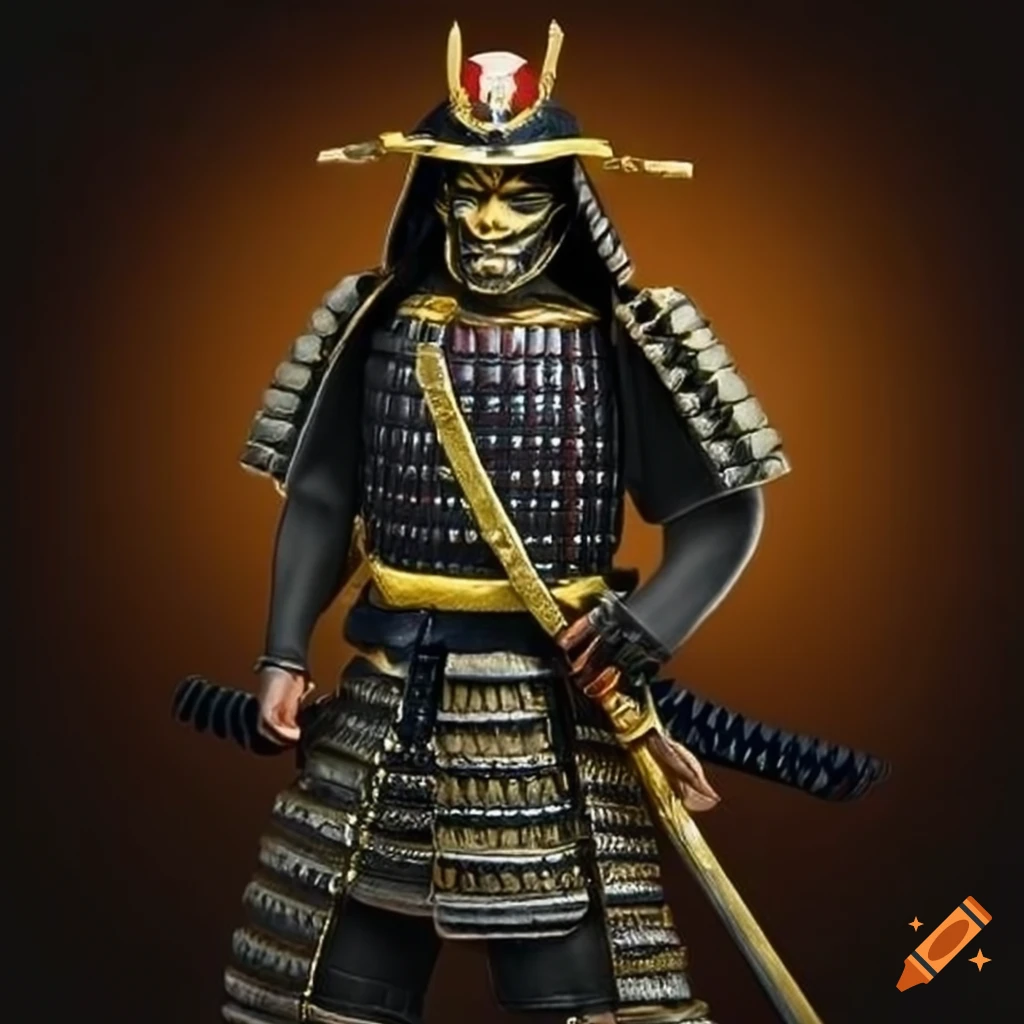 Japanese samurai with katana in a realistic gold-black setting on Craiyon