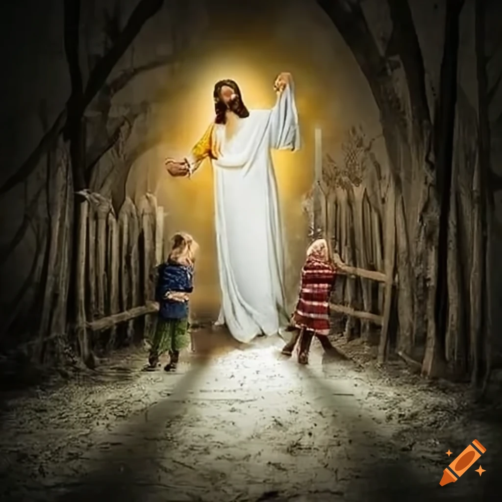 Jesus with children in heavenly nature on Craiyon