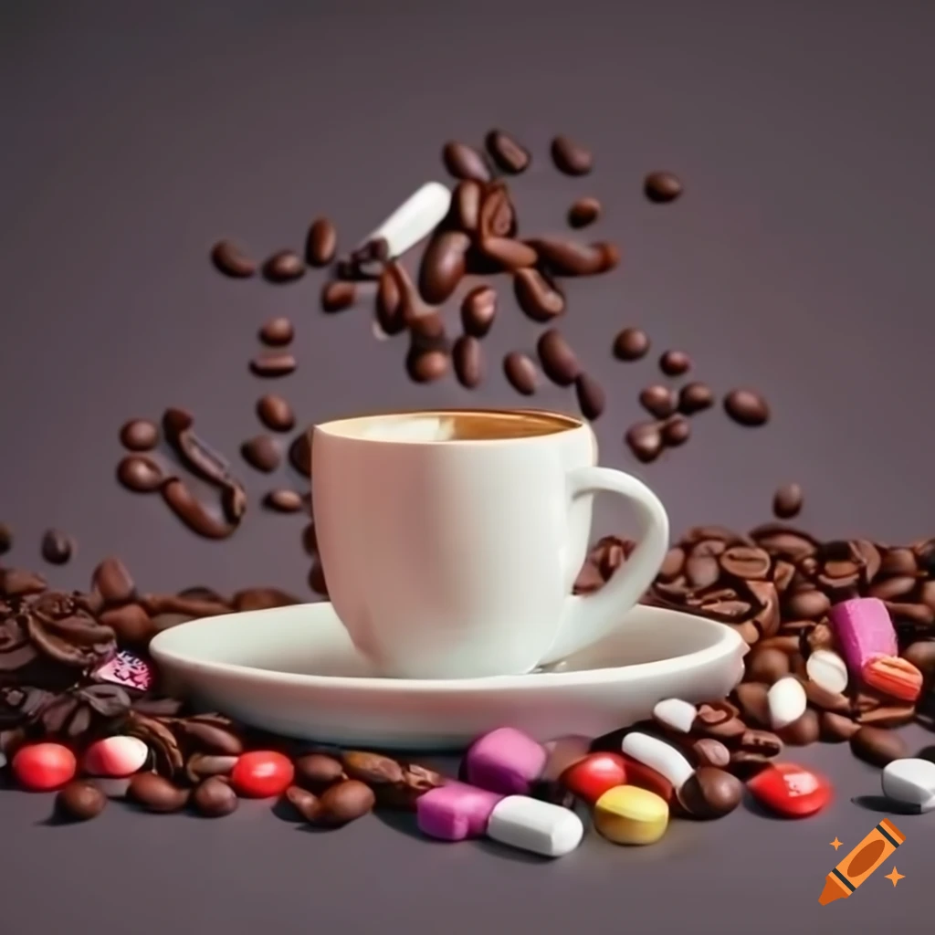 Coffee beans and cup next to colorful medicine capsules on Craiyon