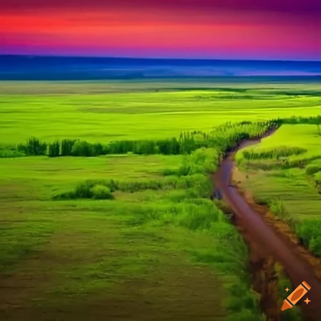 Vast green plains with a red river flowing through on Craiyon