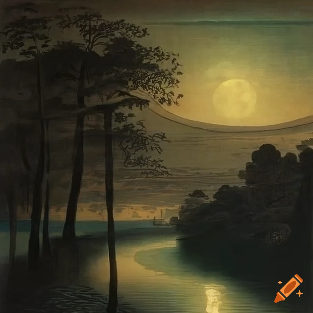 Moonlit river walk in japanese edo period style painting on Craiyon