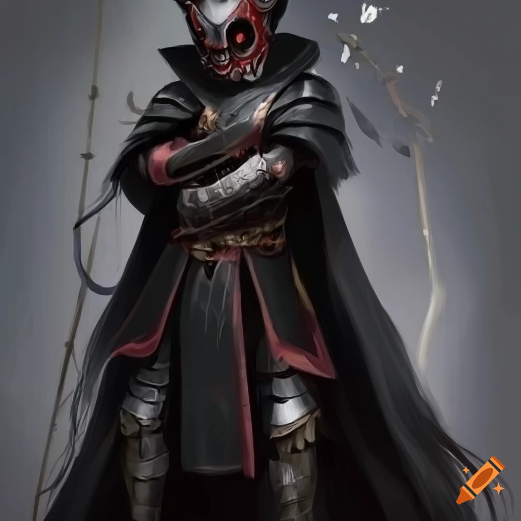 Person wearing kitsune mask, black coat, and armor on Craiyon