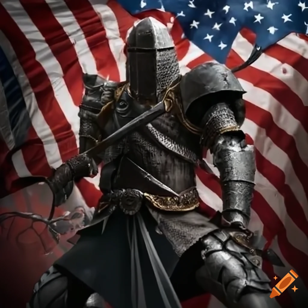 Battle-hardened knight kneeling with American flag on shoulders on Craiyon