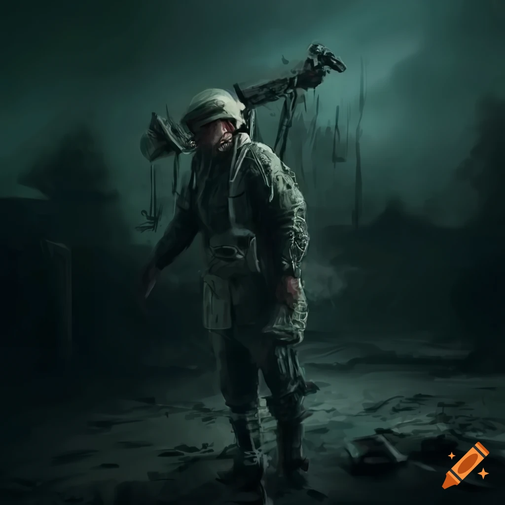 Technician man standing in a post-apocalyptic landscape on Craiyon