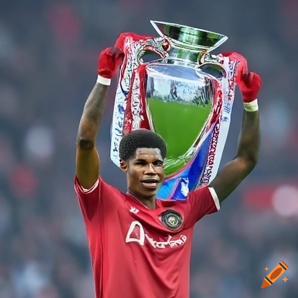 Marcus rashford holding the premier league trophy on the podium on Craiyon
