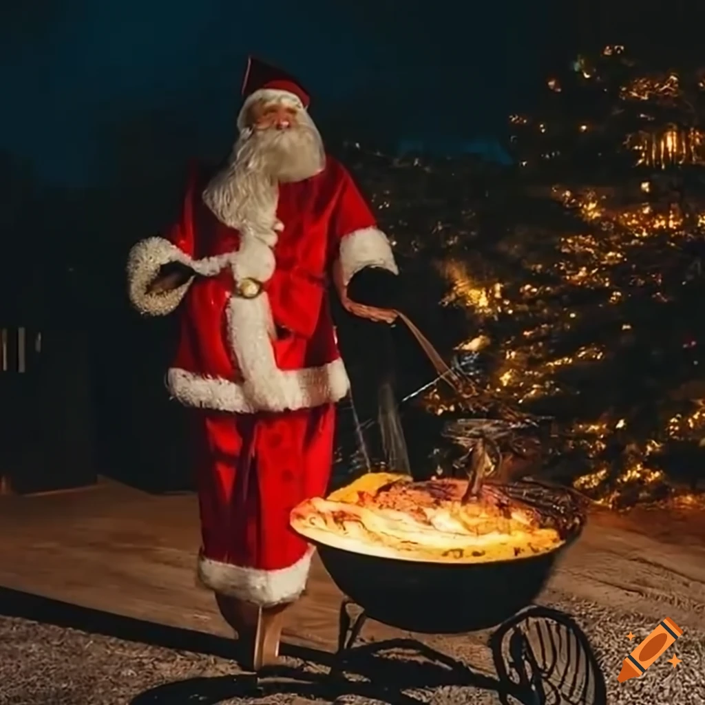 Santa claus cooking bbq outdoors on christmas night on Craiyon